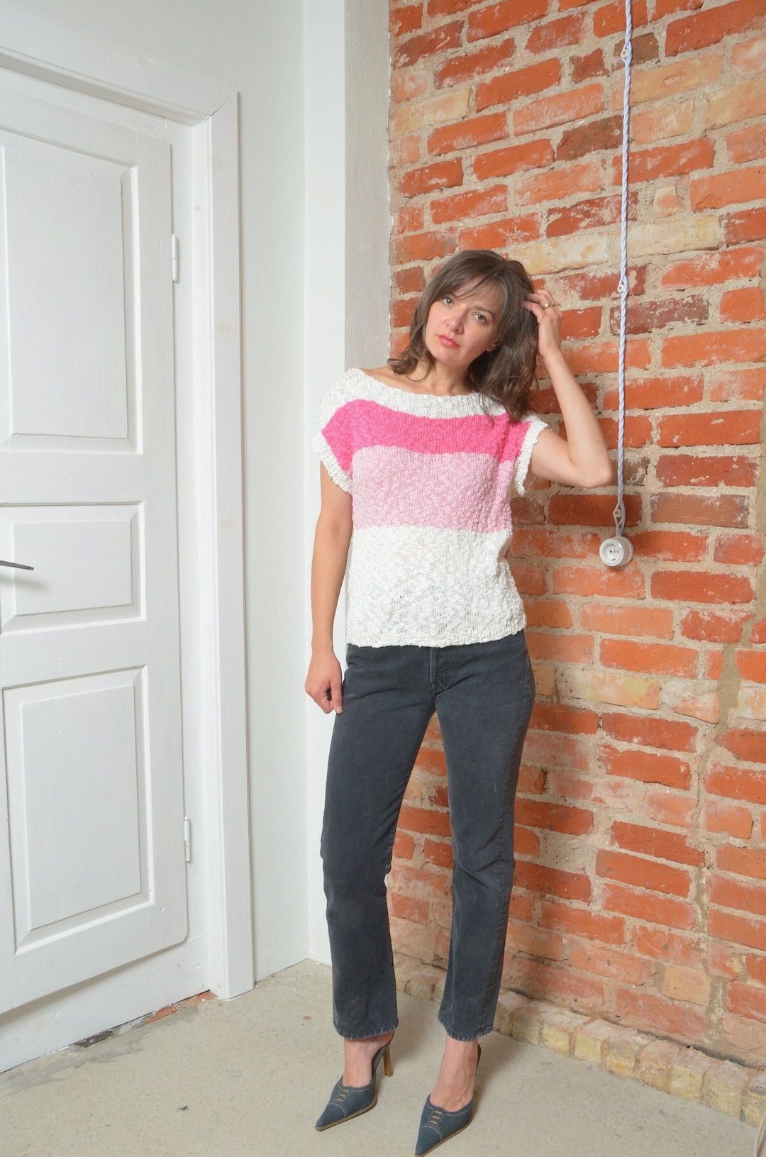 Vintage 90s Color Blocking Knit Sweater Blouse - Size M L - Etsy