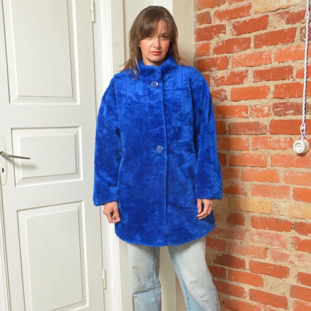 Vintage 80s Electric Blue Faux Fur Coat – Plush Button up Winter Jacket ...