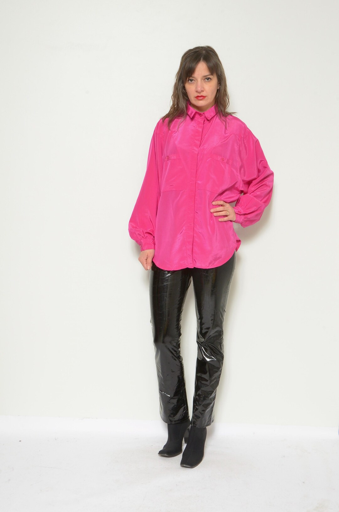 80s Pink Shiny Button Blouse / Vintage 80s Oversized Long Sleeve Glossy ...