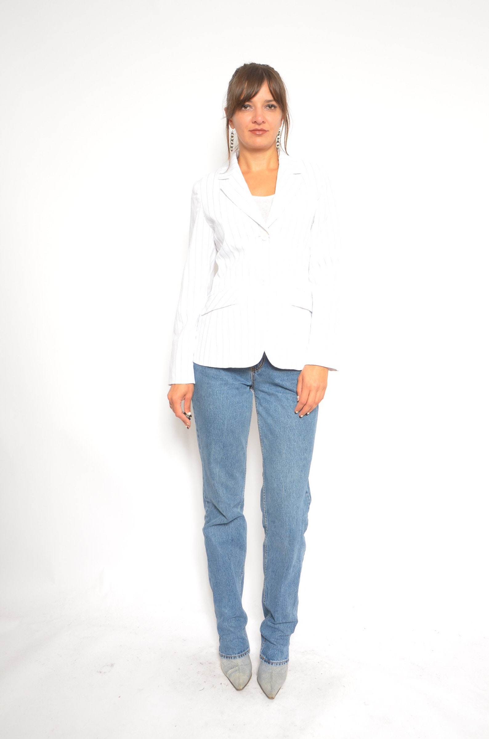 Pinstriped White Button Jacket / Vintage 90s Striped Cropped - Etsy