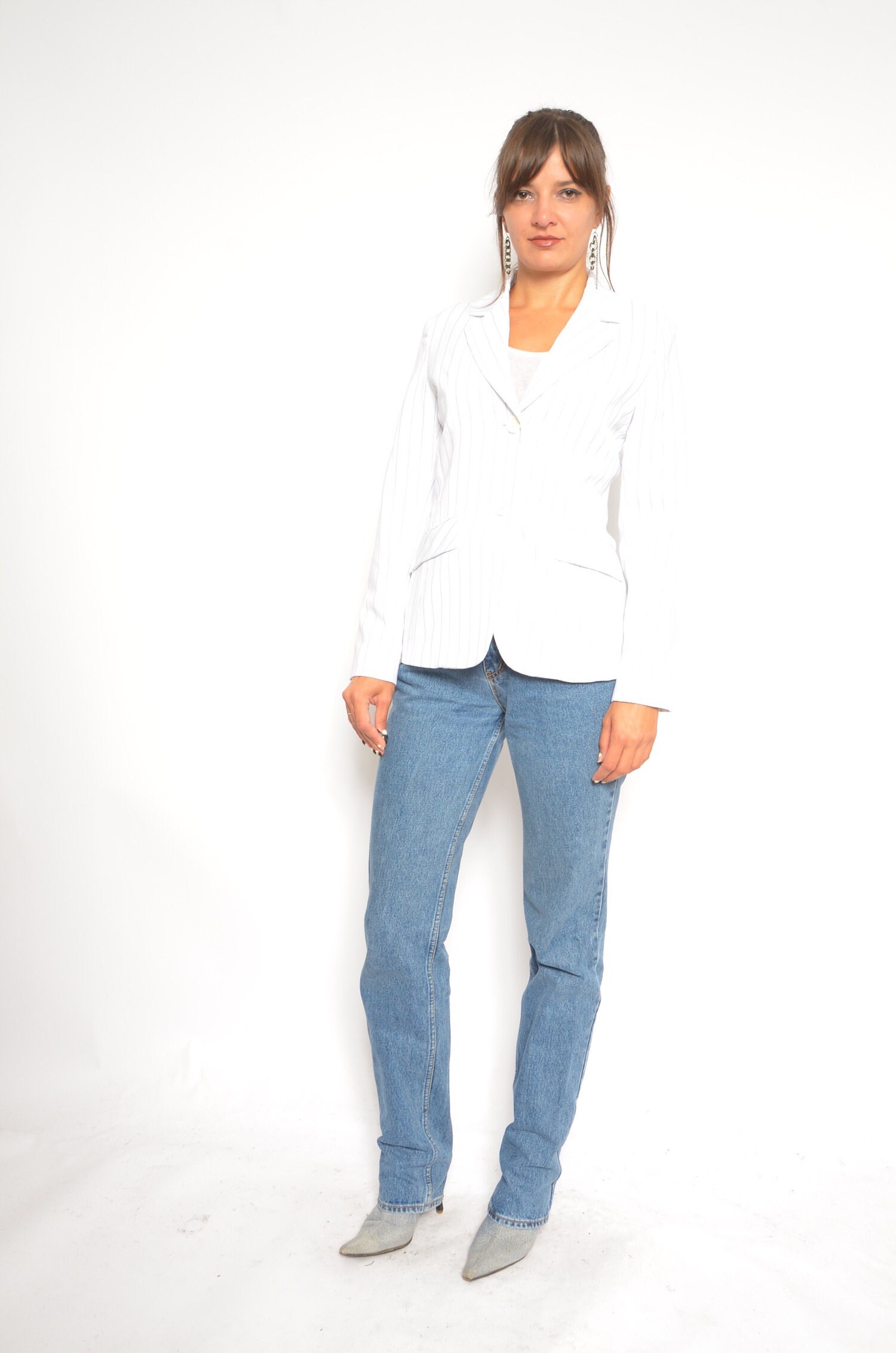 Pinstriped White Button Jacket / Vintage 90s Striped Cropped Blazer ...