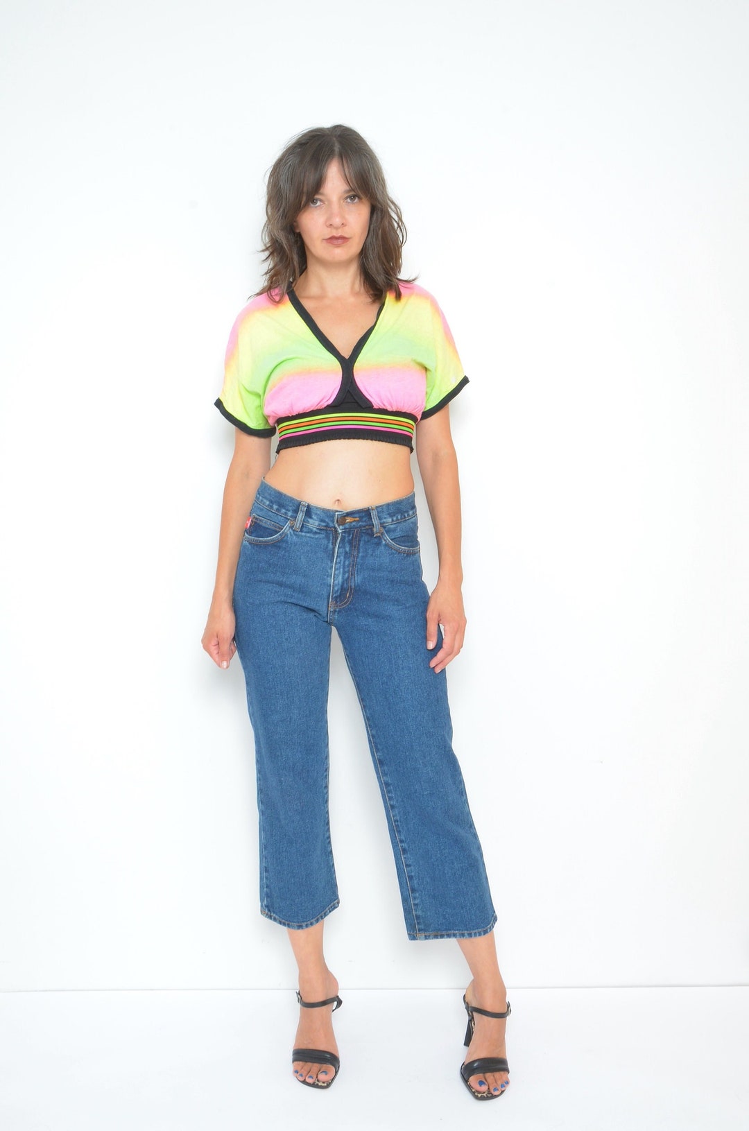 Neon Crop Top / Vintage 80s Bright Colorful Short Sleeve Cropped Blouse Size Medium 07 20 - Etsy