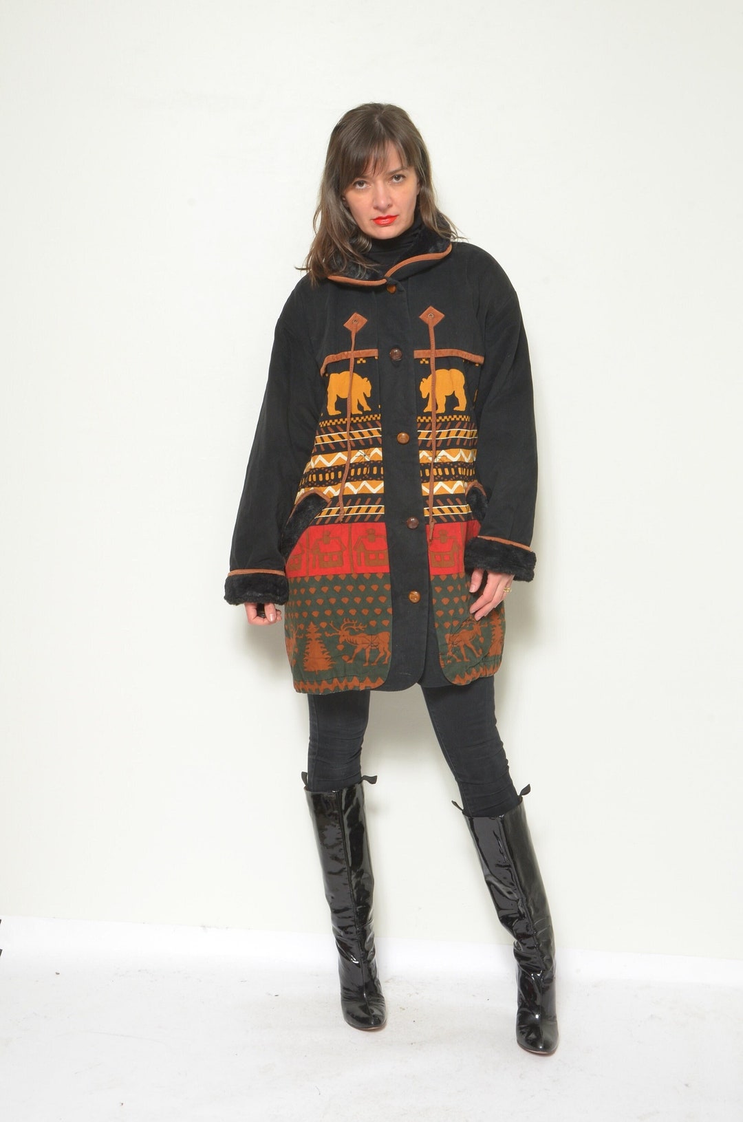 Bear Winter Print Jacket / Fur Collar and Cuffs Button Oversized ...