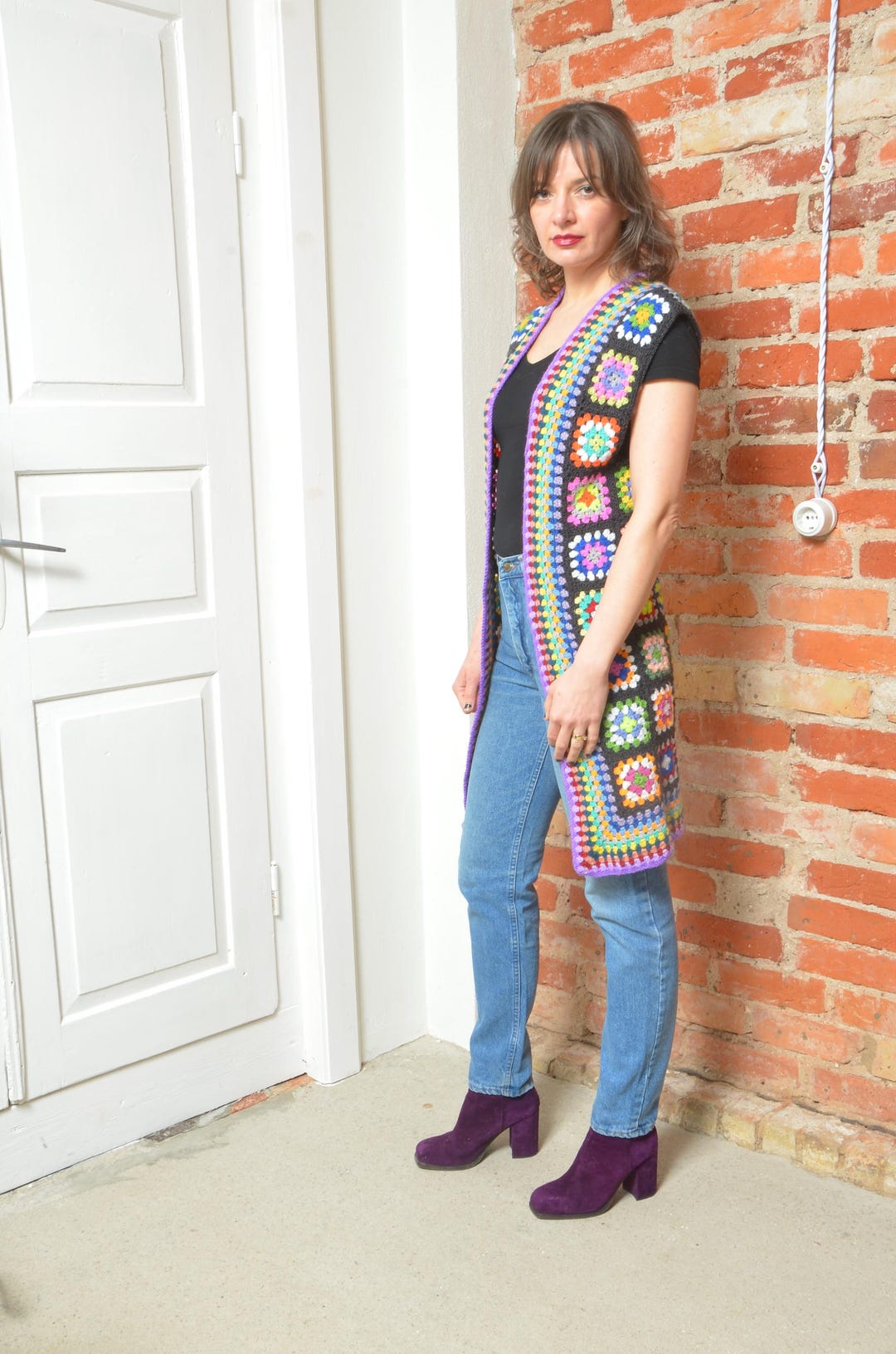 Vintage 90s Granny's Square Bohemian Long Vest - Size S/XS - Etsy