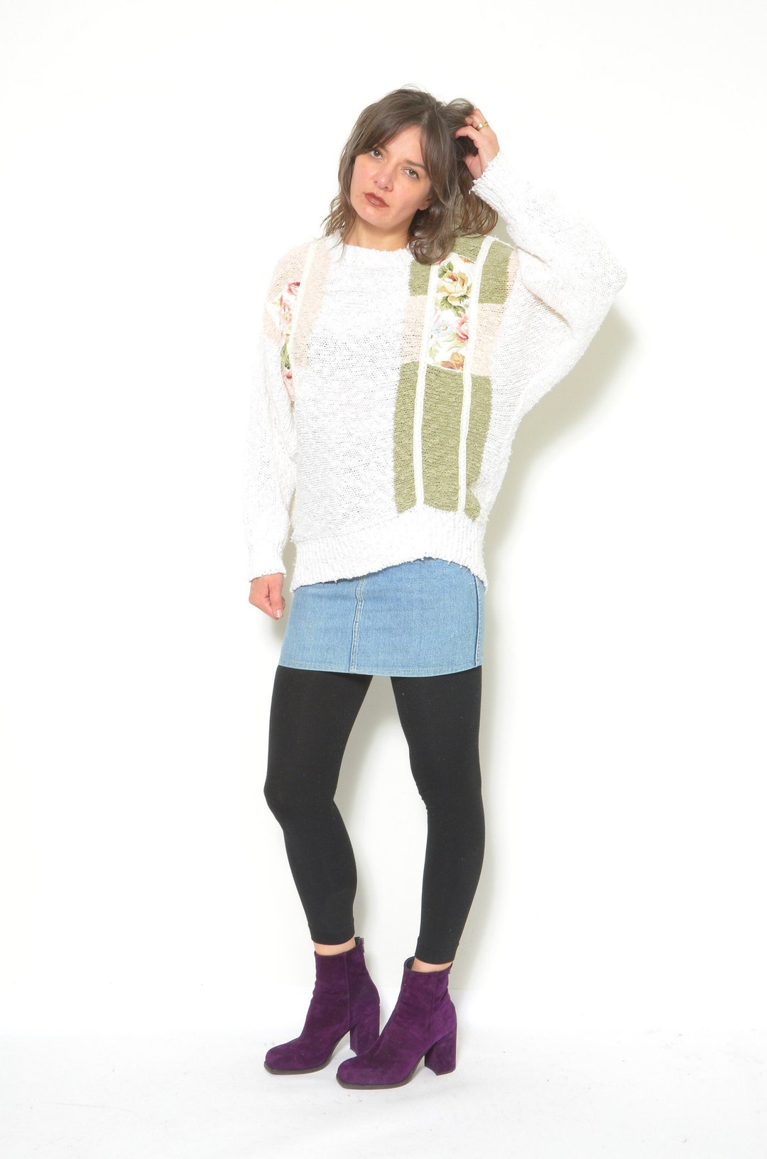 80s Color Blocking Sweater / Vintage 1980s Floral Appliqué Oversized ...