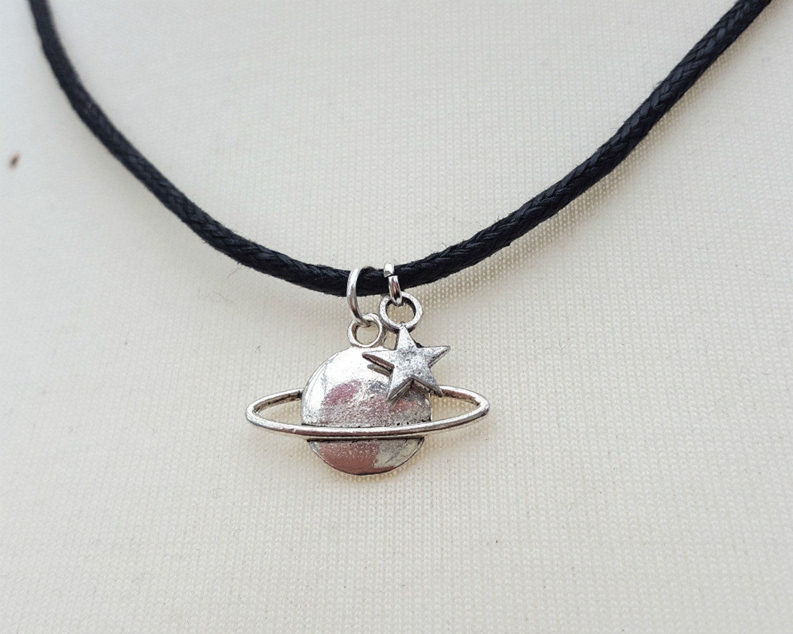 Saturn Necklace Planet Charm Silver Star on Cord Astronomy - Etsy