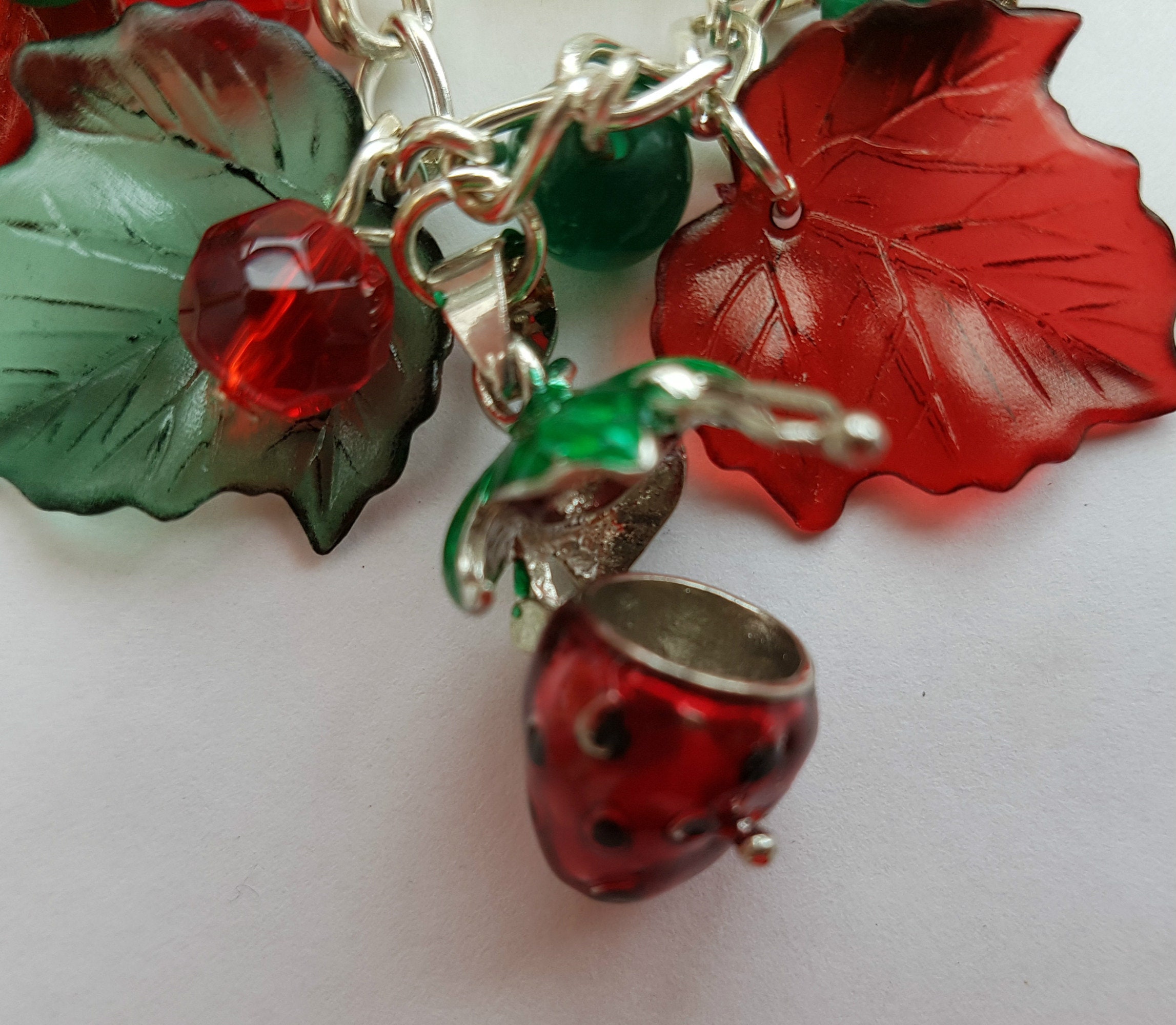 Strawberry Charm Bracelet, Secret Message Locket, Flowers and Leaves ...