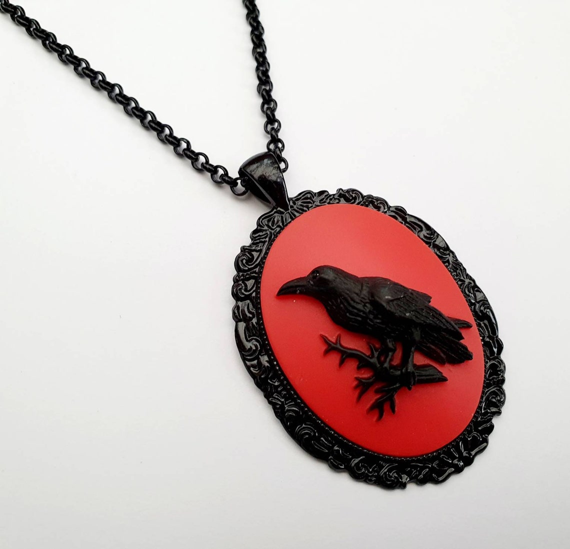 Raven cameo necklace on long chain crow long necklace Gothic | Etsy