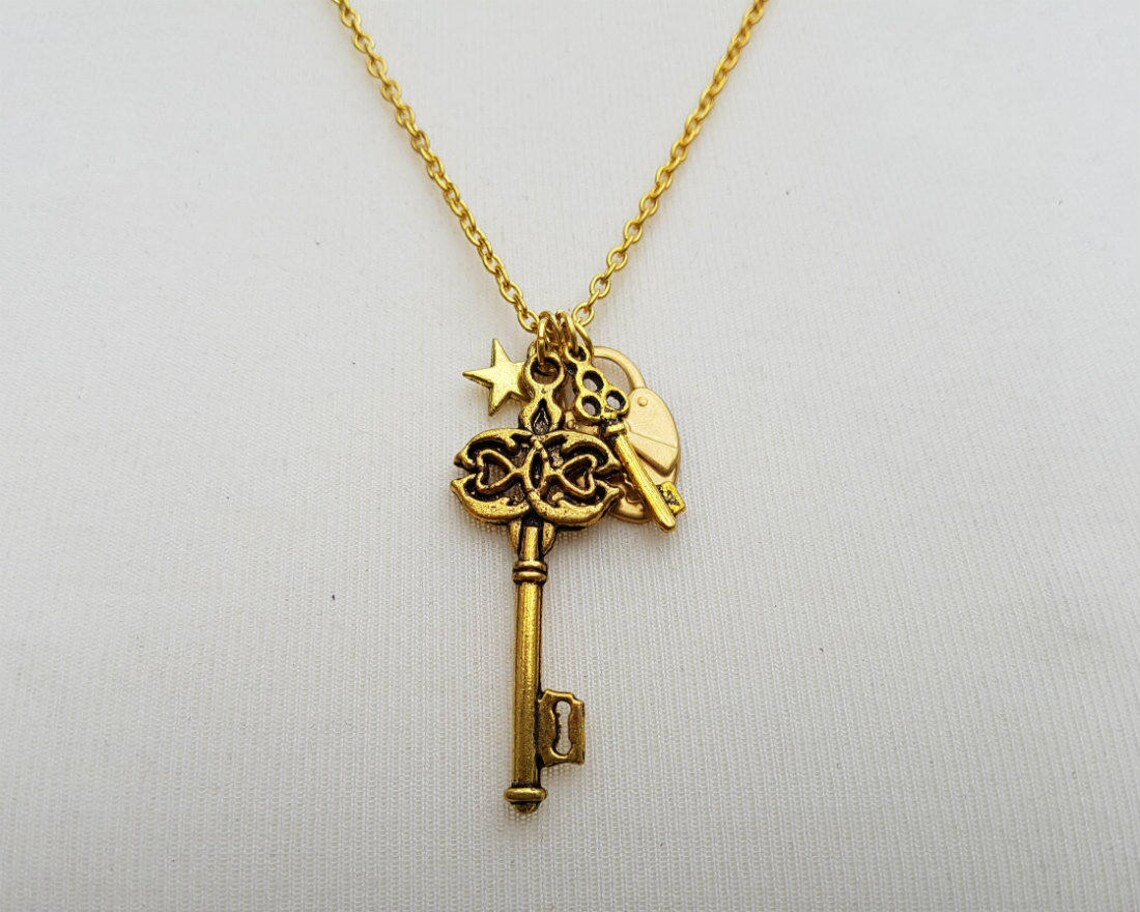 Lock and Key Necklace Gold Padlock Keys and Star Charms on - Etsy