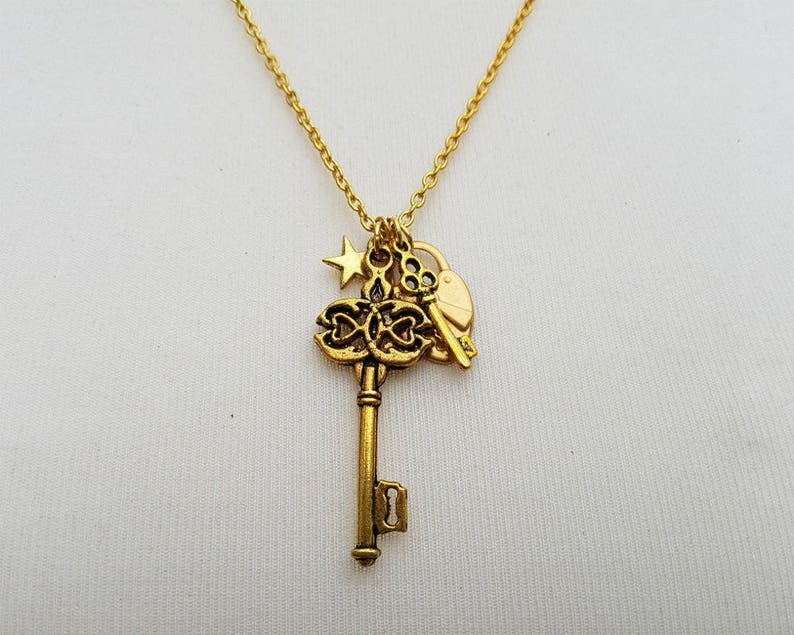Lock and Key Necklace, Gold Padlock, Keys and Star Charms on Chain, Key ...
