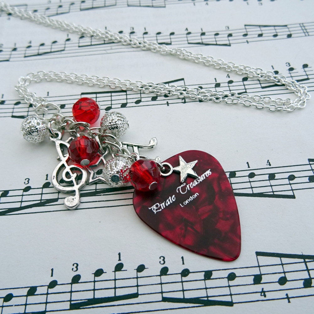 Plectrum Charm Necklace Red Beads Guitar Pick Silver Music - Etsy