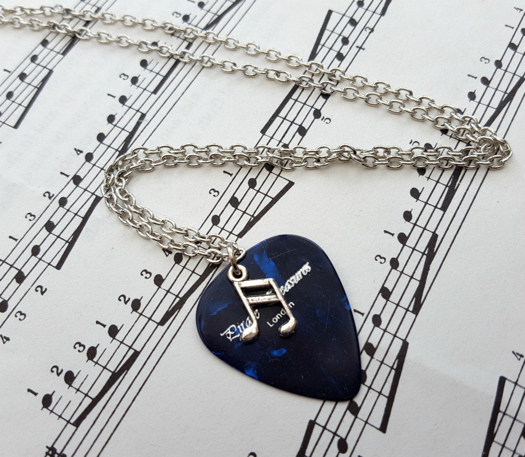 Plectrum & Music Note Necklace Silver Charm Blue Guitar - Etsy