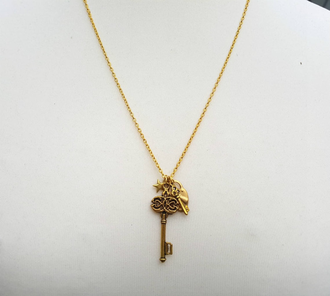 Lock and Key Necklace, Gold Padlock, Keys and Star Charms on Chain, Key ...