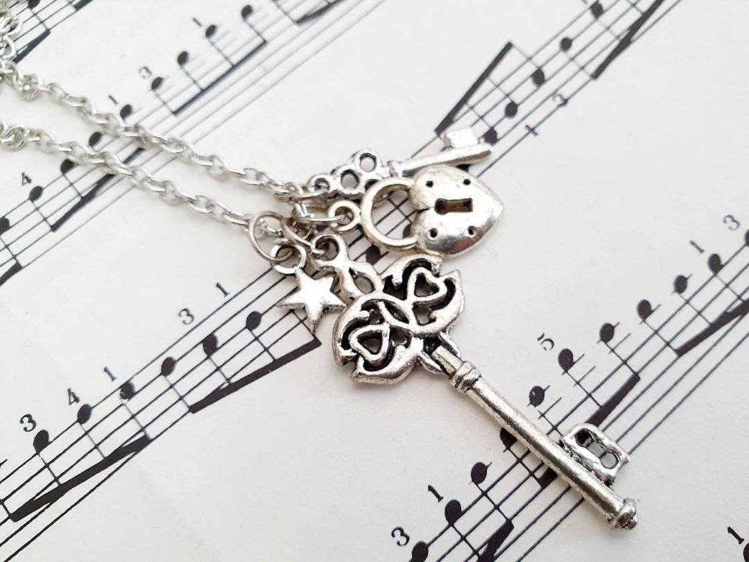 Lock and Key Necklace, Silver Heart Padlock, Keys and Star Charms on ...