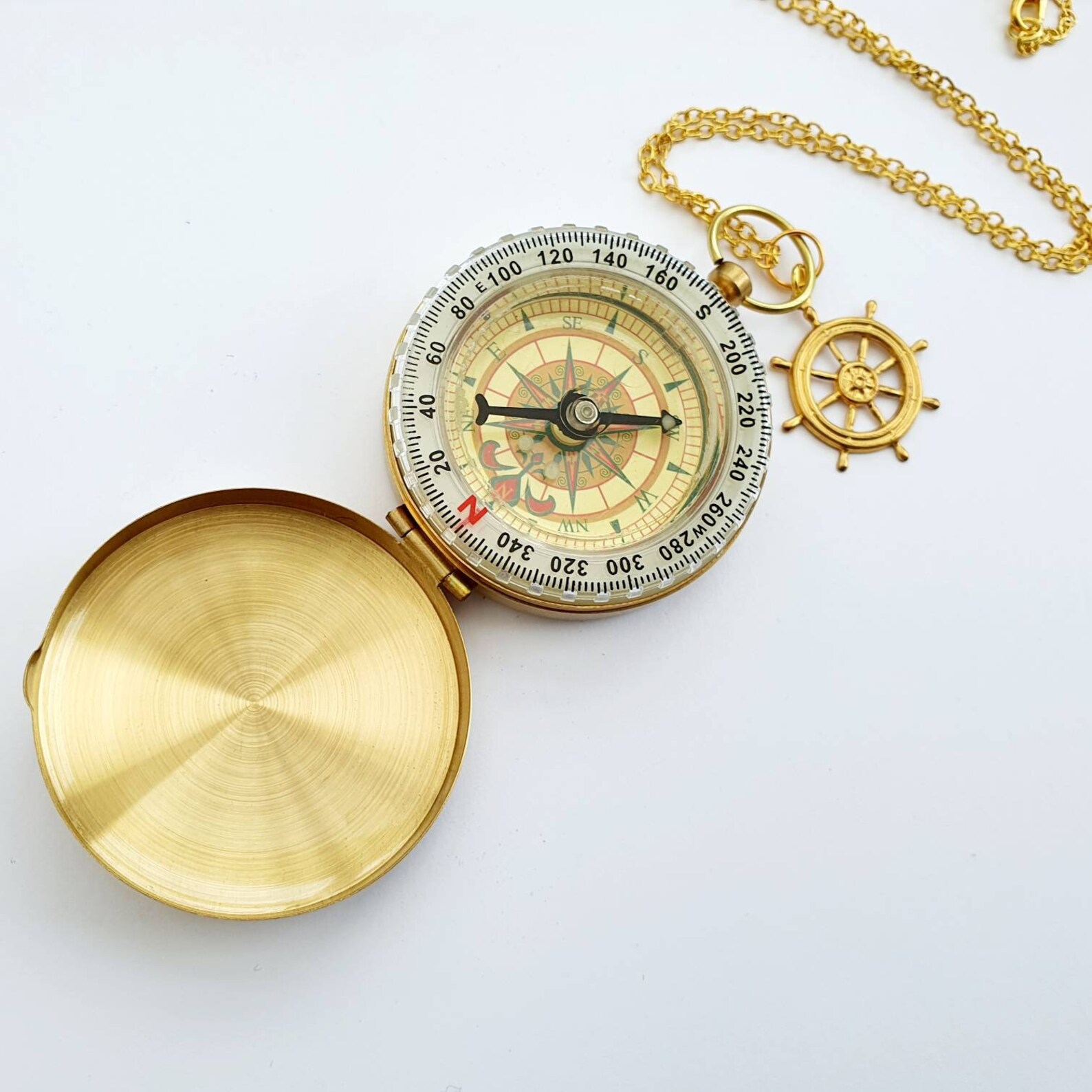 Golden Brass Compass Necklace on Long Gold Chain Nautical - Etsy