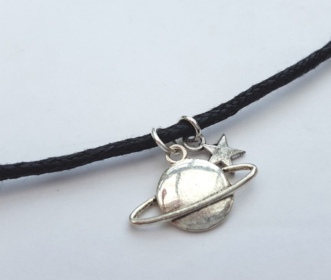 Saturn Necklace, Planet Charm, Silver Star on Cord, Astronomy, Quirky ...