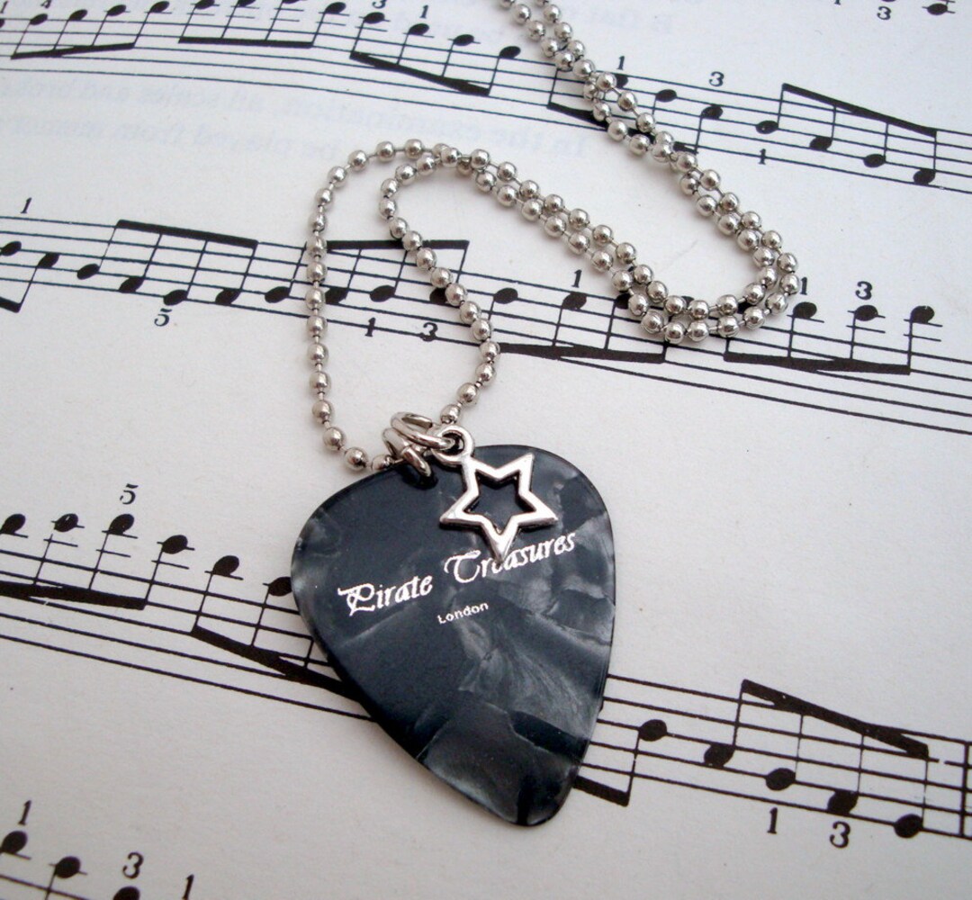 Plectrum Necklace & Star Charm on Ball Chain - Black Guitar Pick ...