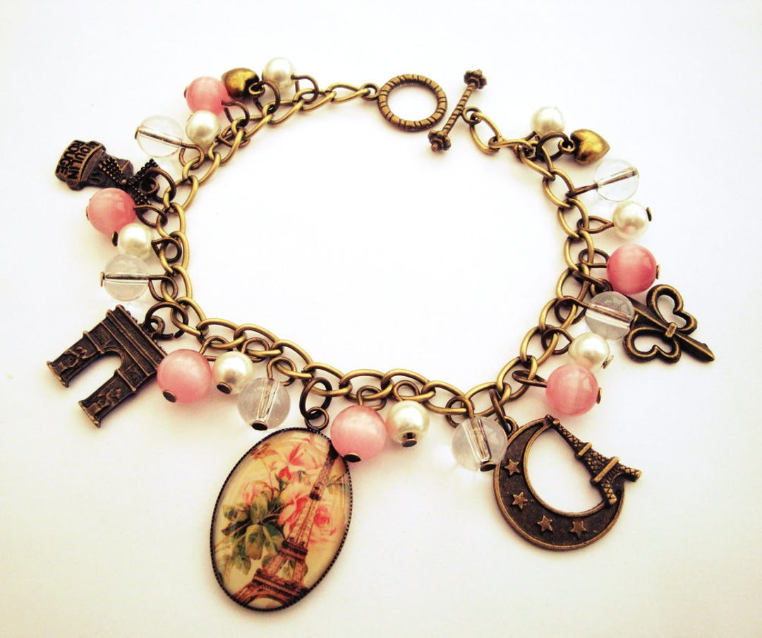 Paris Charm Bracelet, Eiffel Tower Charms, Pink & Ivory Beads, Vintage ...