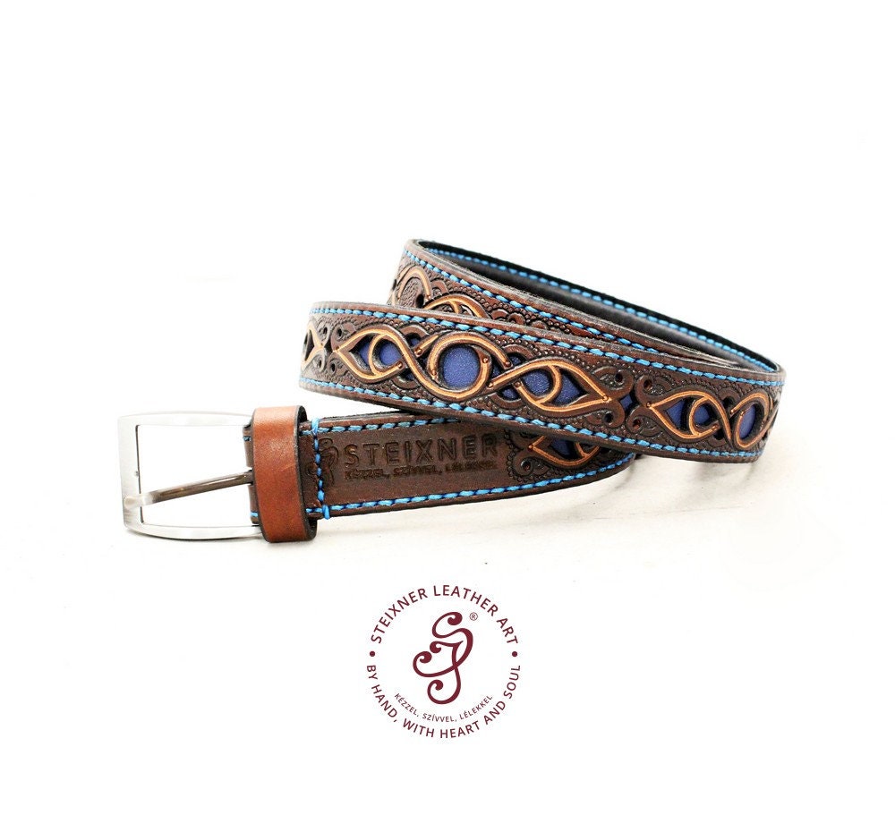 Blue Leather Belt, Hand Tooled Leather Belt, Custom Personalized ...