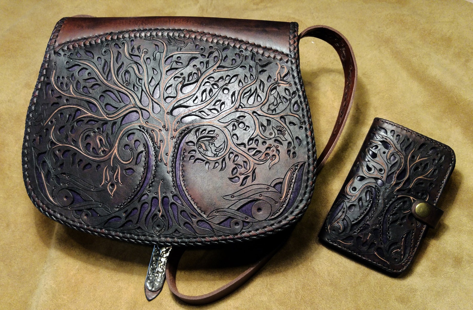 Leather Wallet and Bag Set, Tree of Life Bag, Hand Tooled Leather ...
