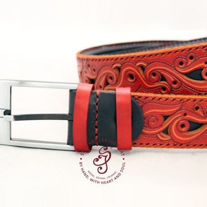 Red Hand Tooled Leather Belt, Custom Size Leather Belt, Fantasy Leather ...
