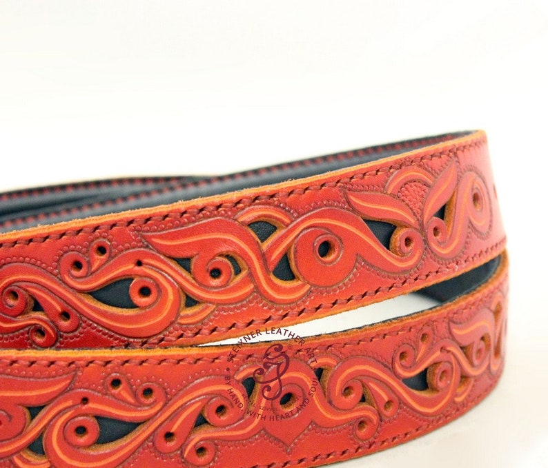Red Hand Tooled Leather Belt Custom Size Leather Belt - Etsy