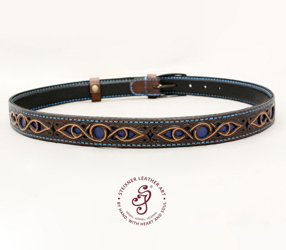 Blue Leather Belt Hand Tooled Leather Belt Custom - Etsy