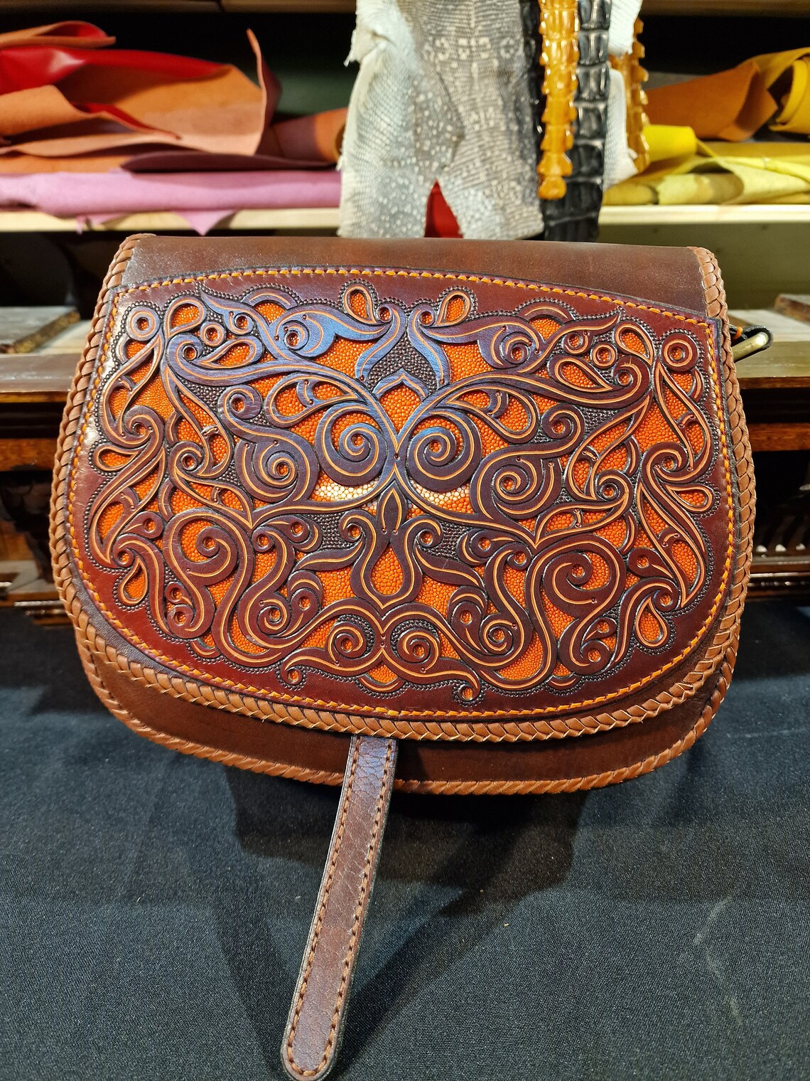 RTS Hand Tooled Leather Cross Body Bag With Stingray Leather Inlet ...