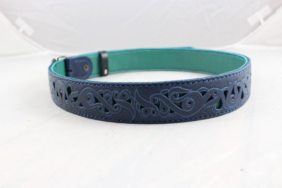 Hand Carved Leather Belt With Round Belt Buckle Engraved - Etsy