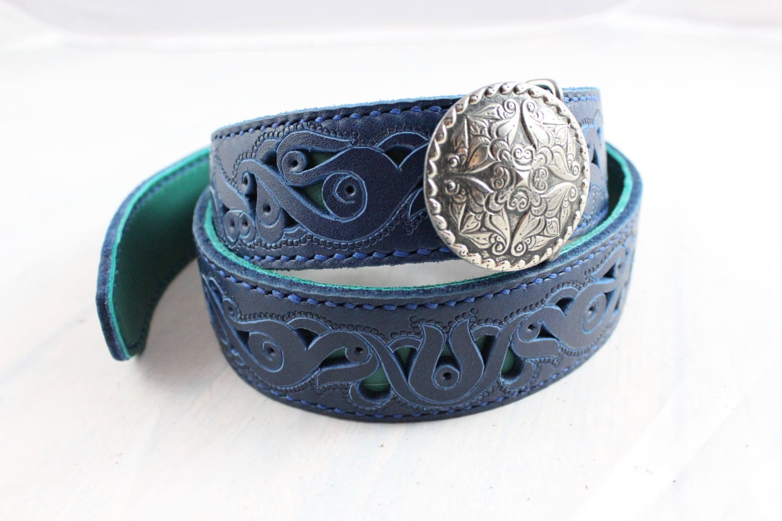 Hand Carved Leather Belt With Round Belt Buckle Engraved - Etsy