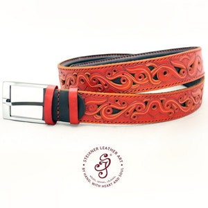 Red Hand Tooled Leather Belt, Custom Size Leather Belt, Fantasy Leather ...