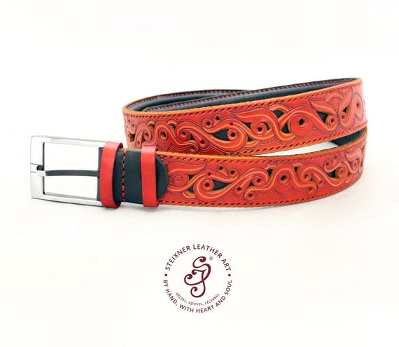 Red Hand Tooled Leather Belt Custom Size Leather Belt - Etsy