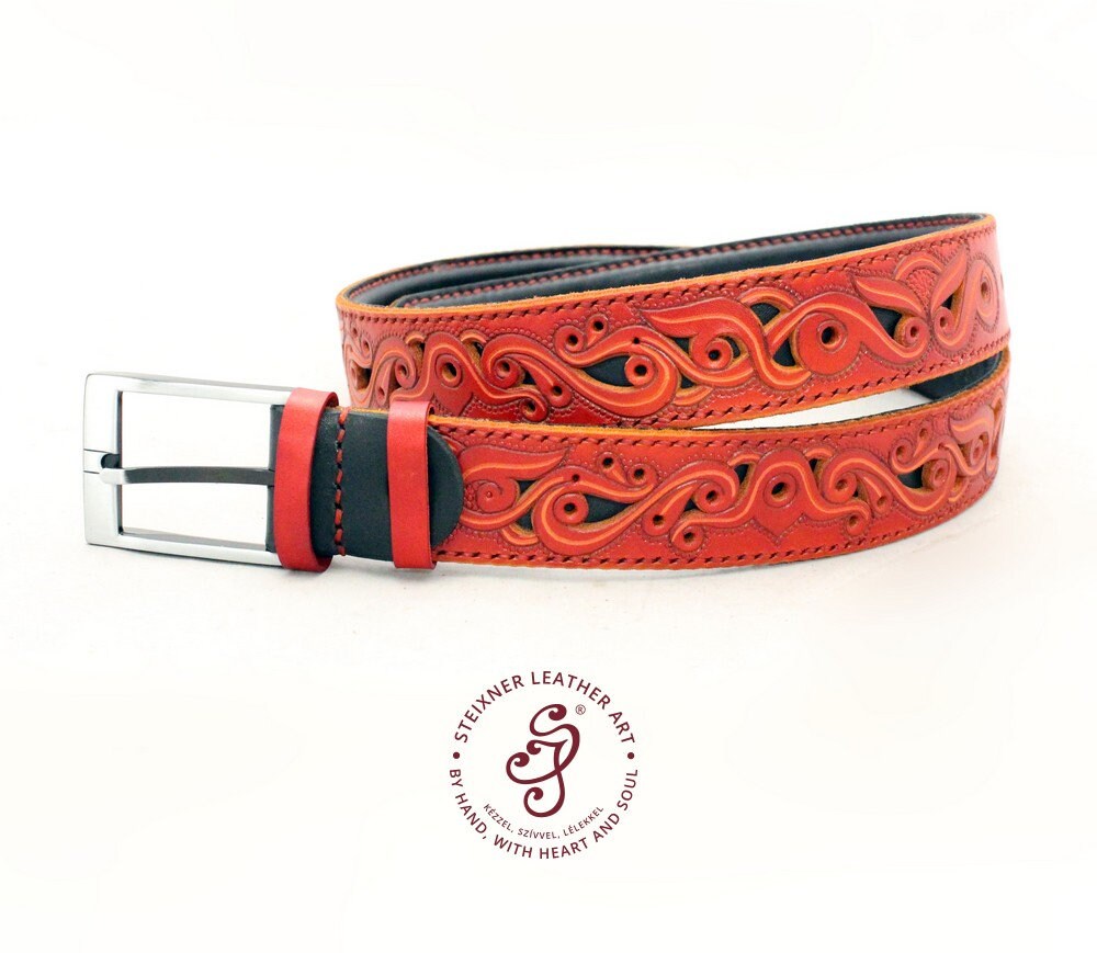 Red Hand Tooled Leather Belt, Custom Size Leather Belt, Fantasy Leather ...