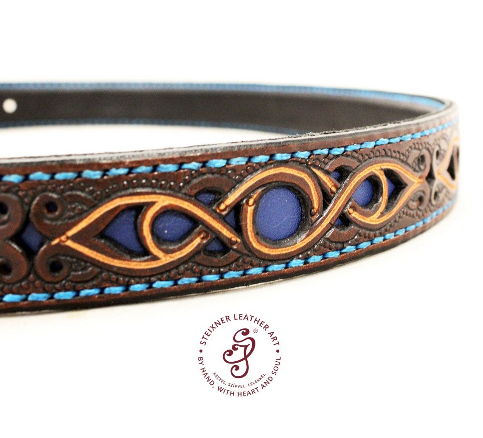 Blue Leather Belt, Hand Tooled Leather Belt, Custom Personalized ...