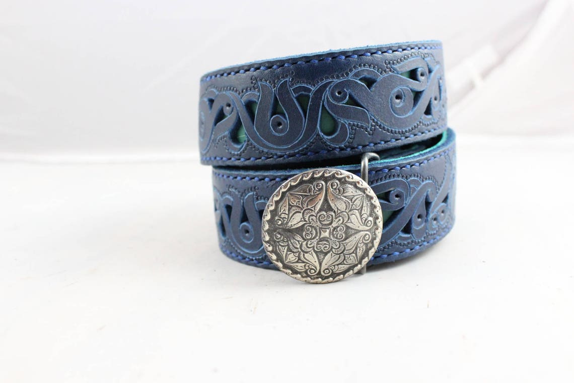 Hand Carved Leather Belt With Round Belt Buckle Engraved - Etsy