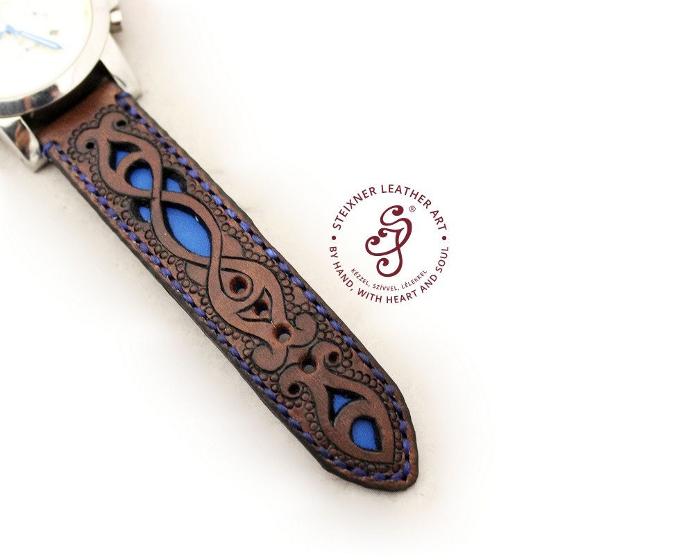 Tooled Leather Watch Strap, Custom Handmade Leather Watch Band, Brown ...