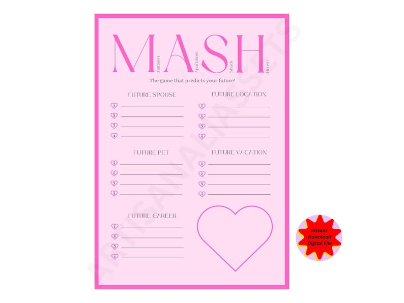 MASH Heart Themed Game Printout - Etsy