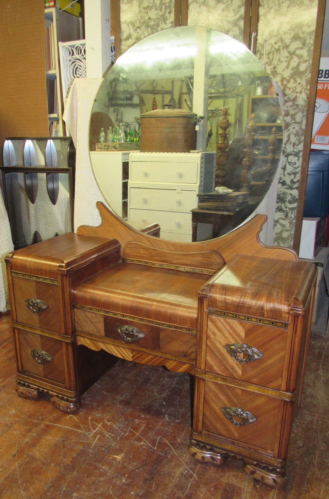 Art Deco Waterfall Vanity with round Mirror | Etsy