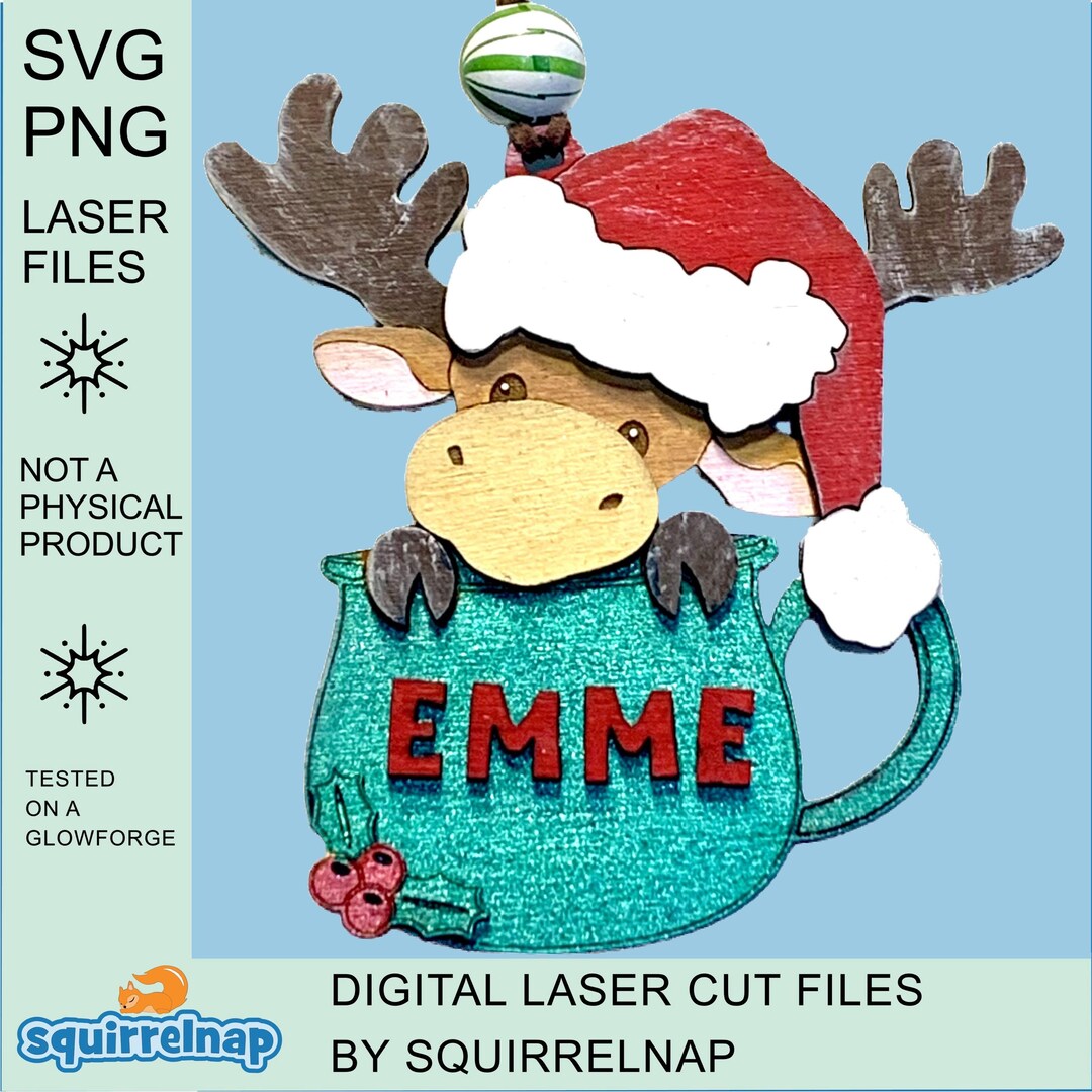 Moose in Mug SVG Laser Cut File, Cute Reindeer Christmas Ornament ...