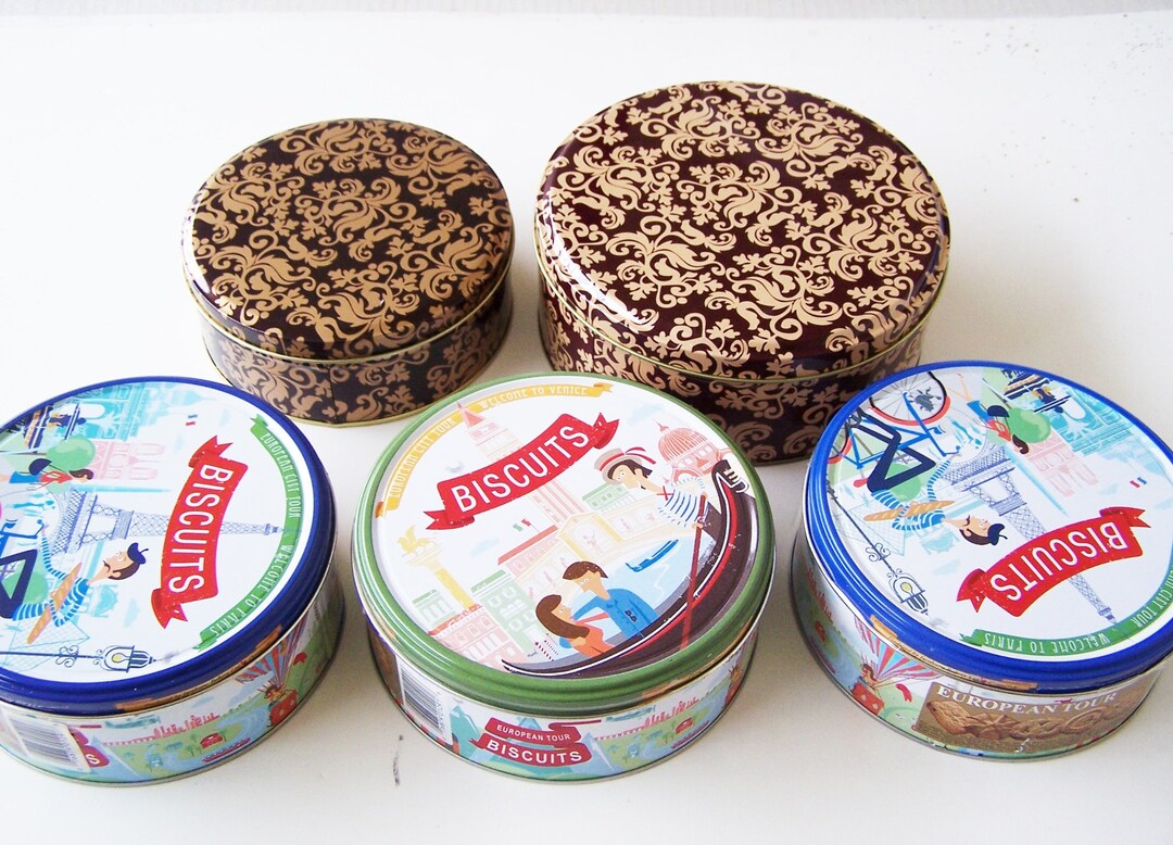 Cookie or Food Tins Set of 5, Decorative Containers, Keepsake Storage ...
