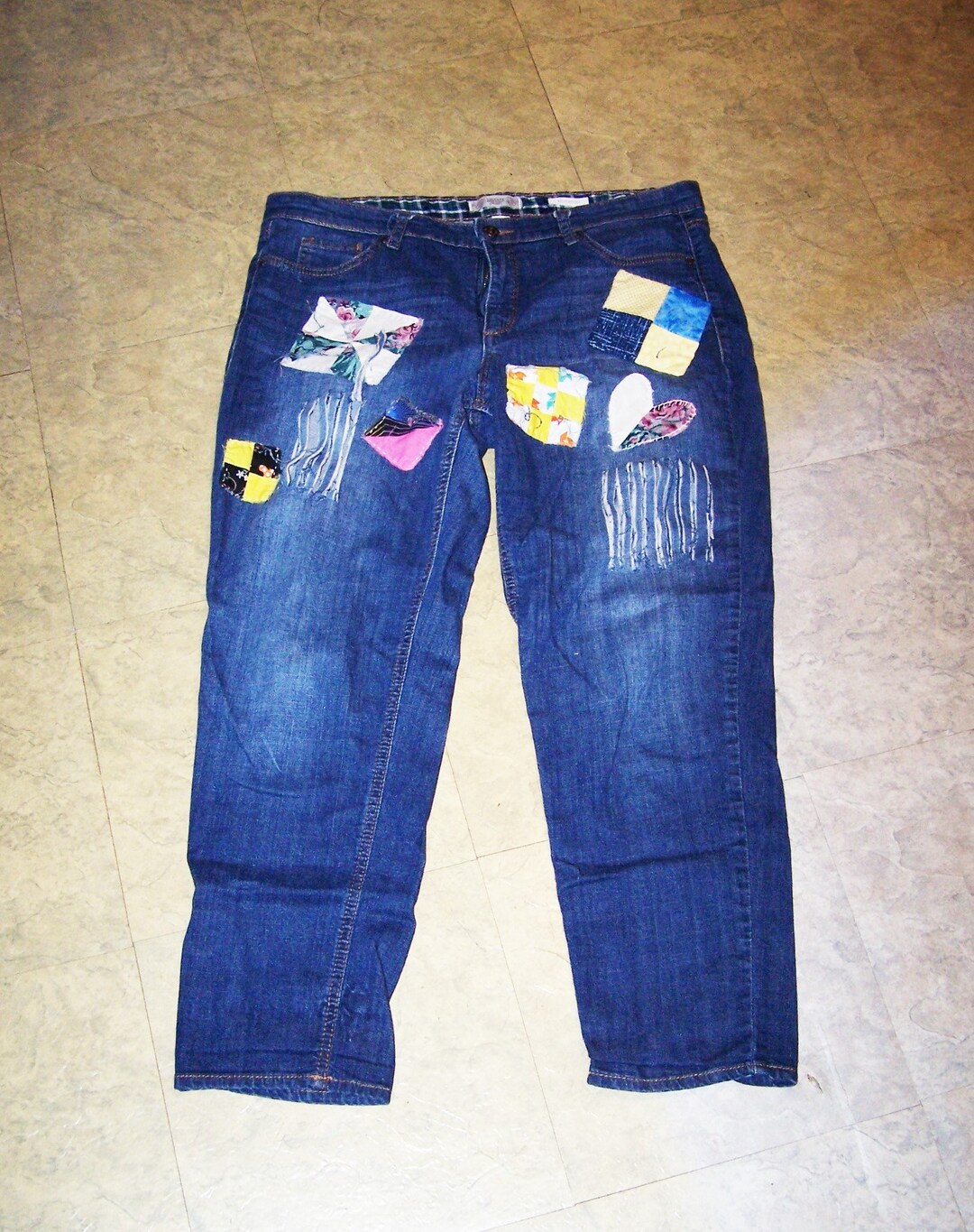 Quilt Patchwork Recycled Denim Jeans Boyfriend Fit Size W38 X L27 Made ...