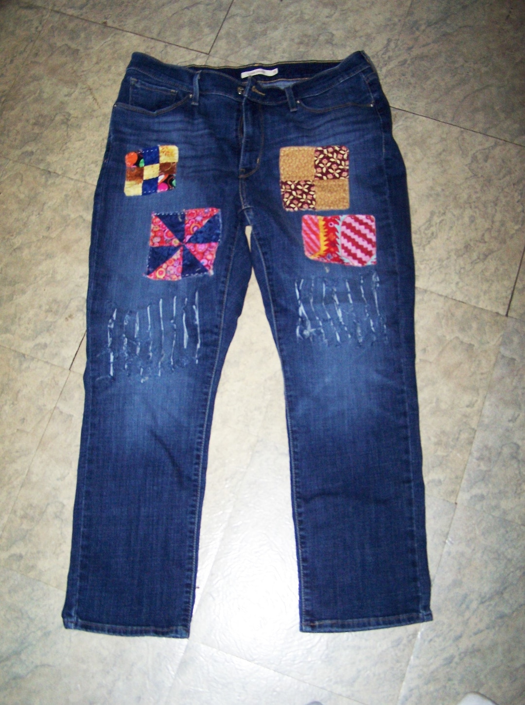 Quilt Patchwork Recycled Levis Denim Jeans Womens Size 14, Vintage Boho ...