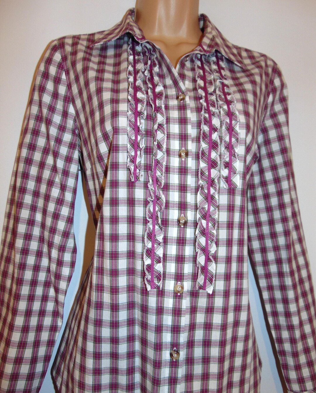 Peter Hahn Magenta Pure Cotton Check Ruffled Trim Shirt, Size 38/ UK 12 ...