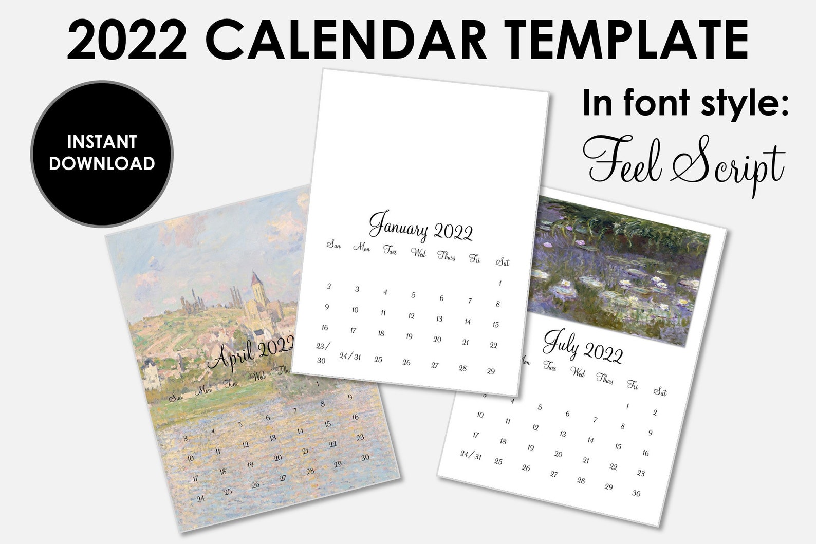 2022 Calendar Templates Font Feel Script With A Sunday Start Etsy