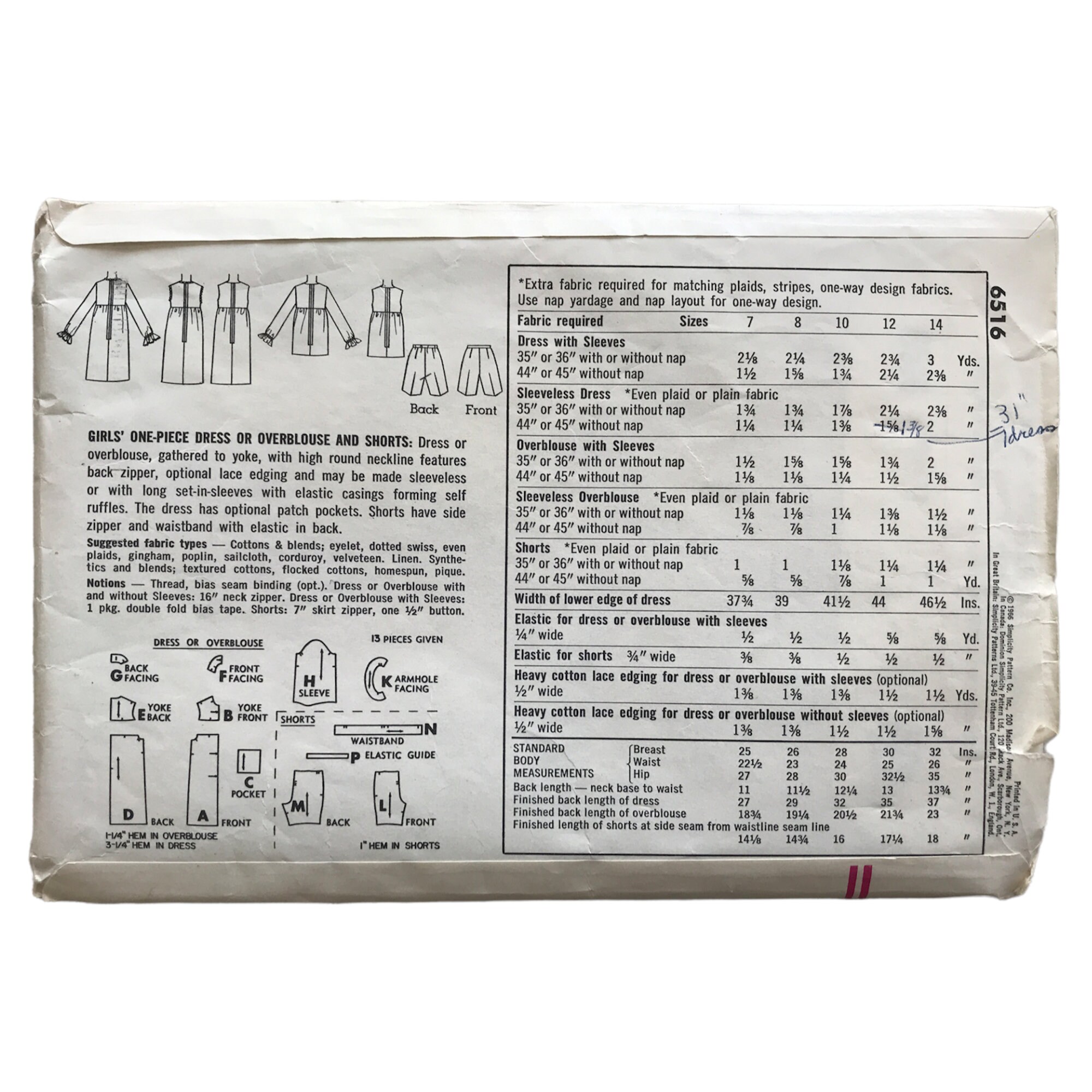 Vintage 1966 Girl's One-piece Dress Sewing Patterns, Simplicity 6566 ...