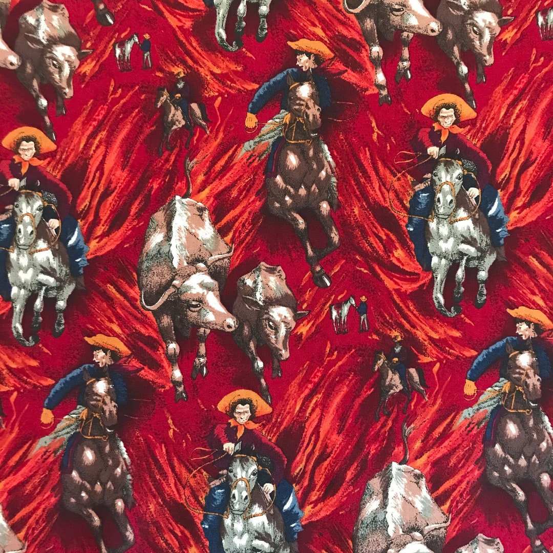 Cattle Herding Cowboy Fabric, Western Rancher Horse Fabric, Kaufman ...