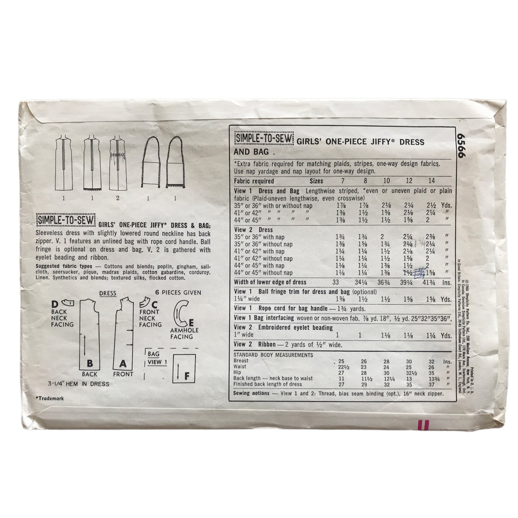 Vintage 1966 Girl's One-piece Dress Sewing Patterns, Simplicity 6566 ...