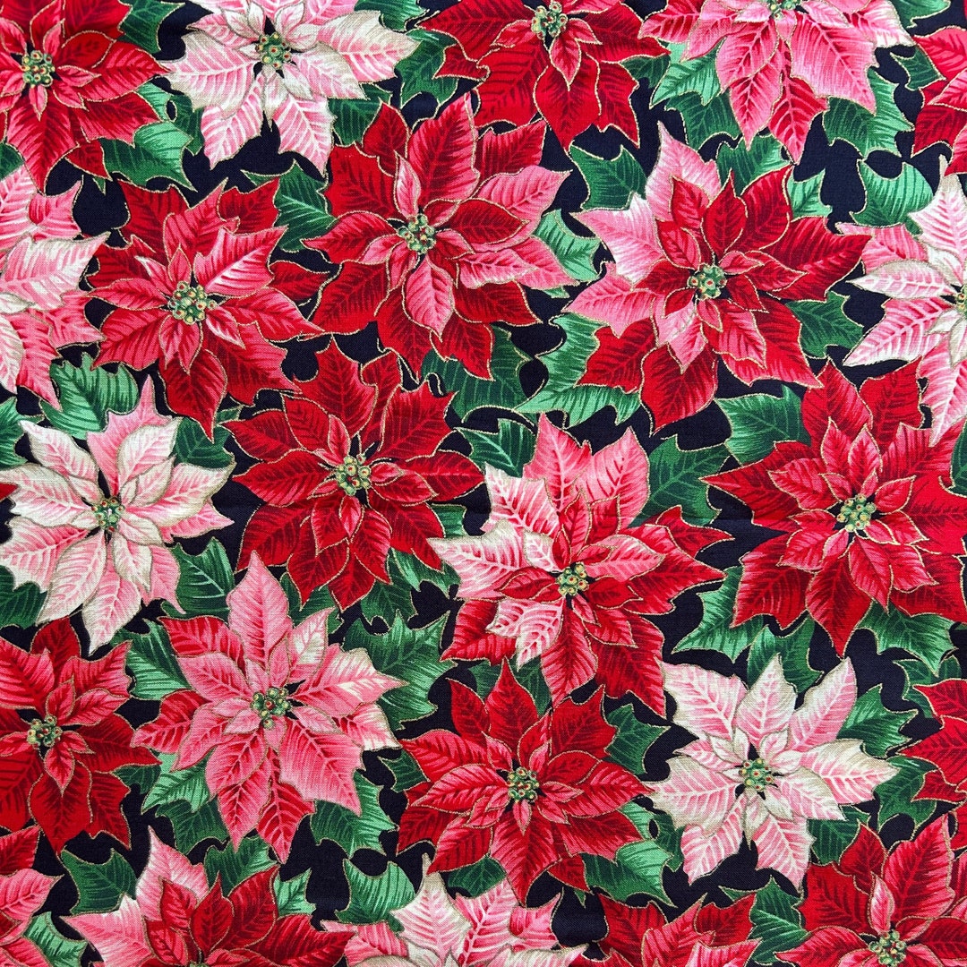 Vintage Christmas Poinsettias Fabric, Christmas Floral Fabric, Cotton ...