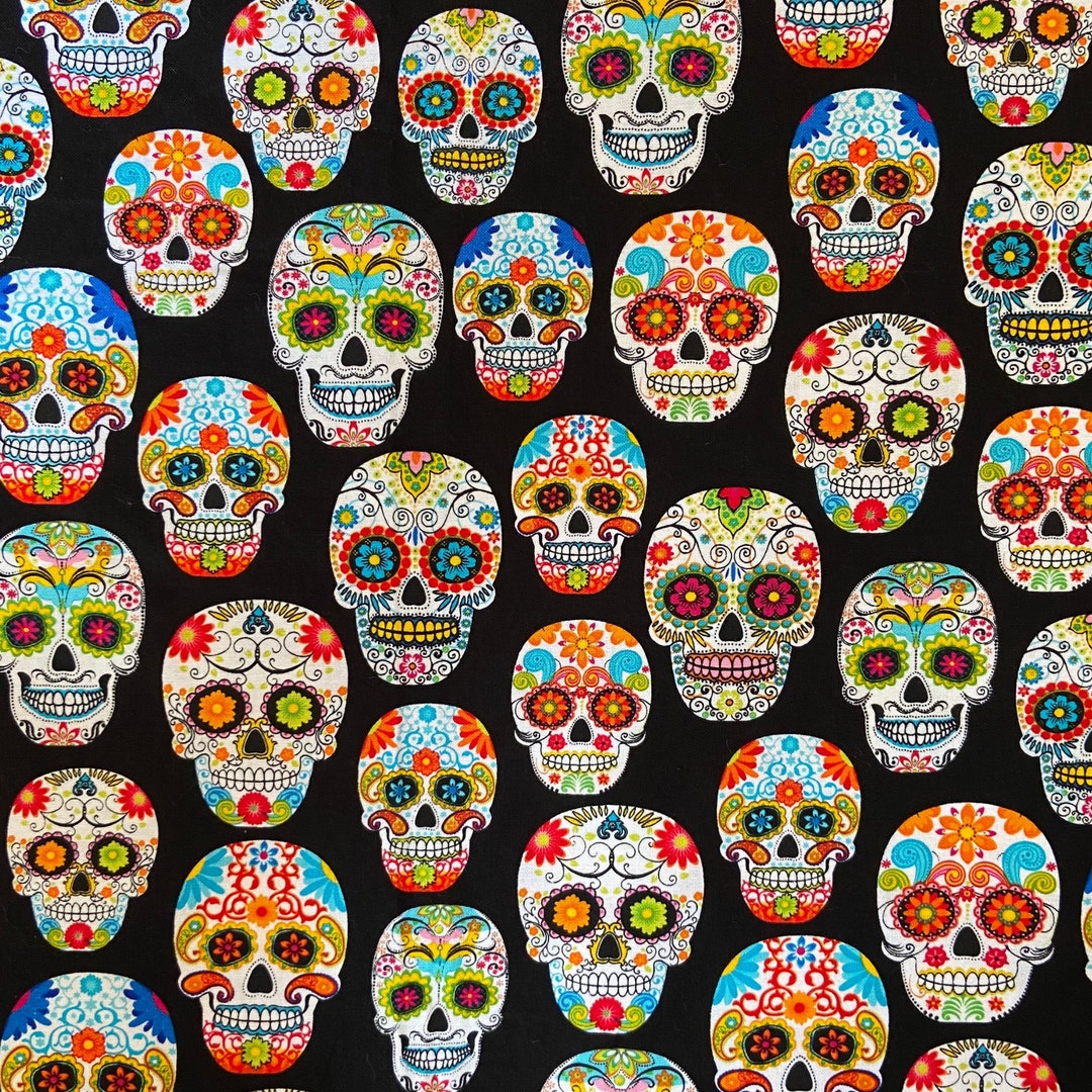 Sugar Skulls Dia De Los Muertos Fabric, Halloween October Skull Fabric ...