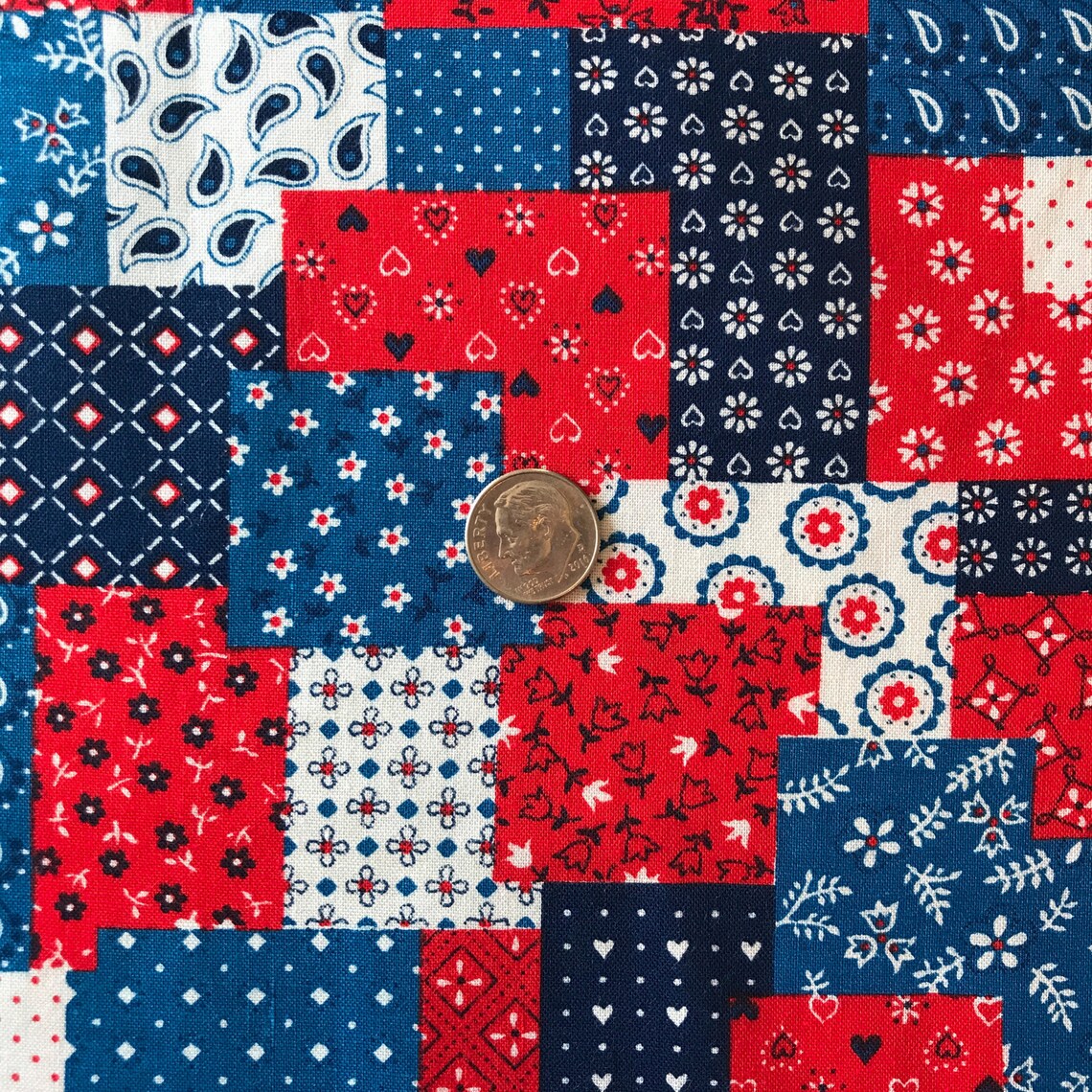 Vintage OOP Calico Patchwork Fabric Patriotic Red White - Etsy
